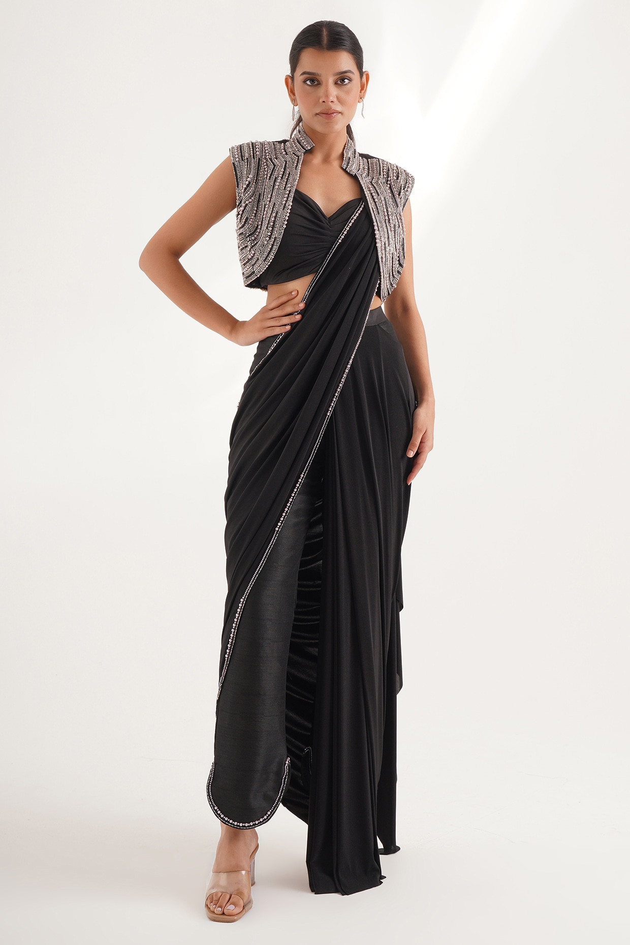 Black Balloon Lycra & Raw Slk Pre-Stitched Saree Set by Chaashni by ...