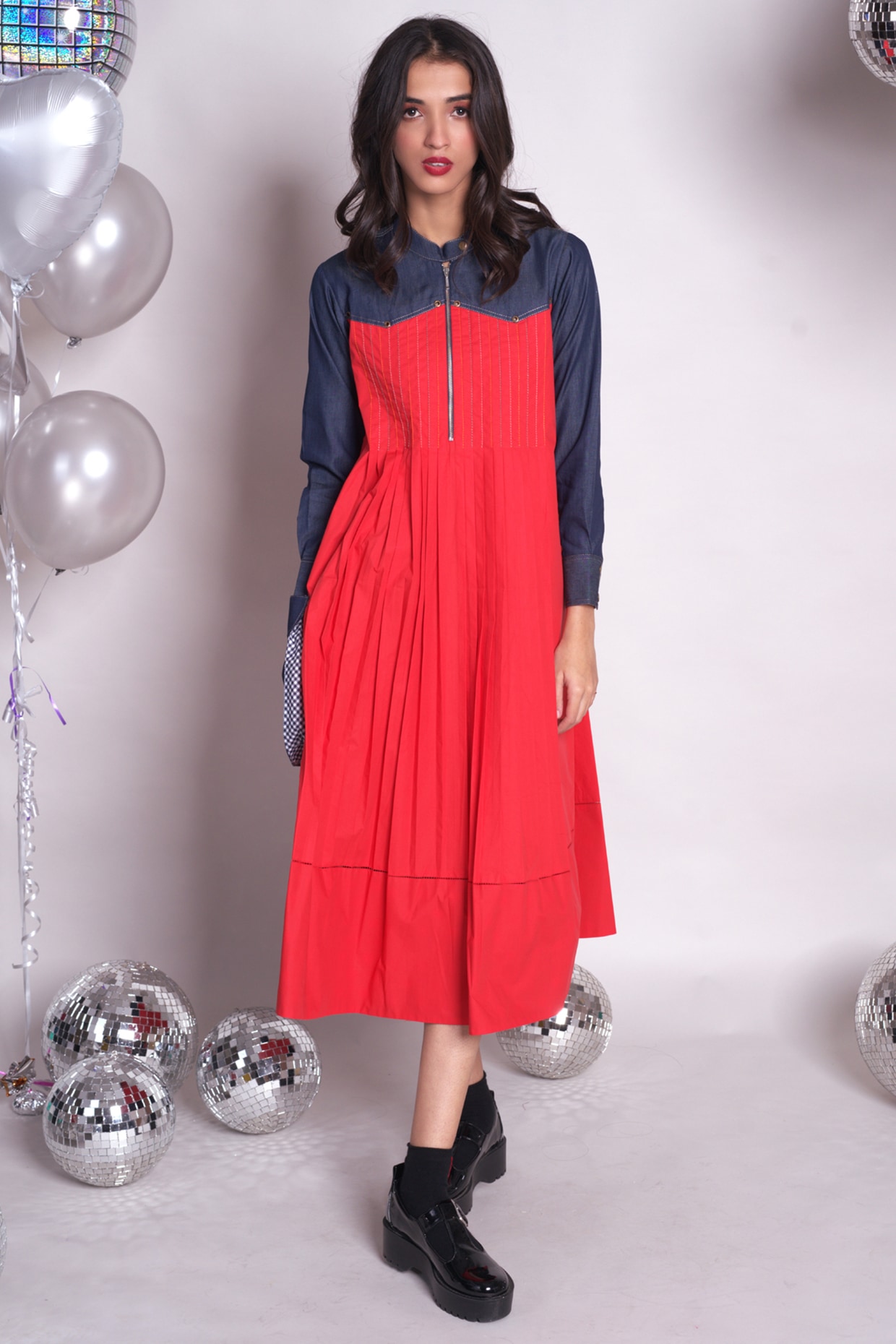 Red & Blue Poplin Midi Dress by Chillosophy at Pernia's Pop Up Shop 2025