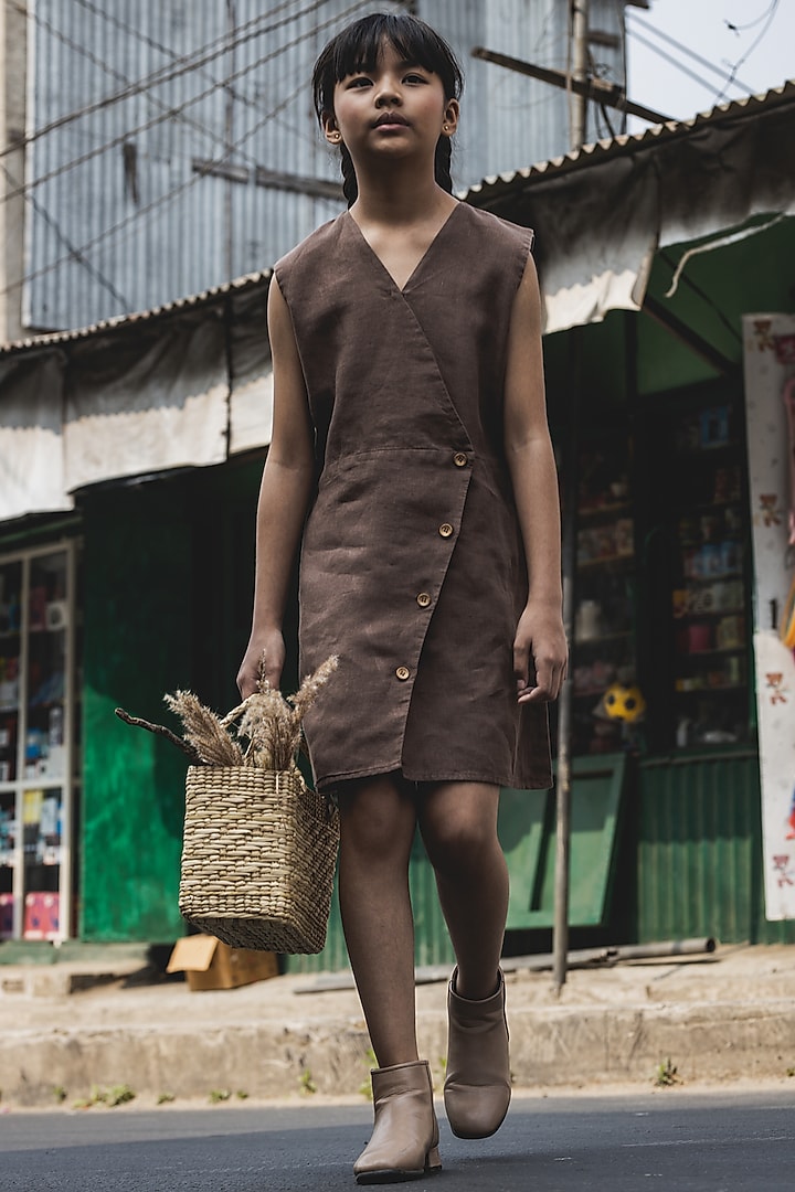 Brown Linen Overlap Dress For Girls Design by Chi Linen at Pernia's Pop ...