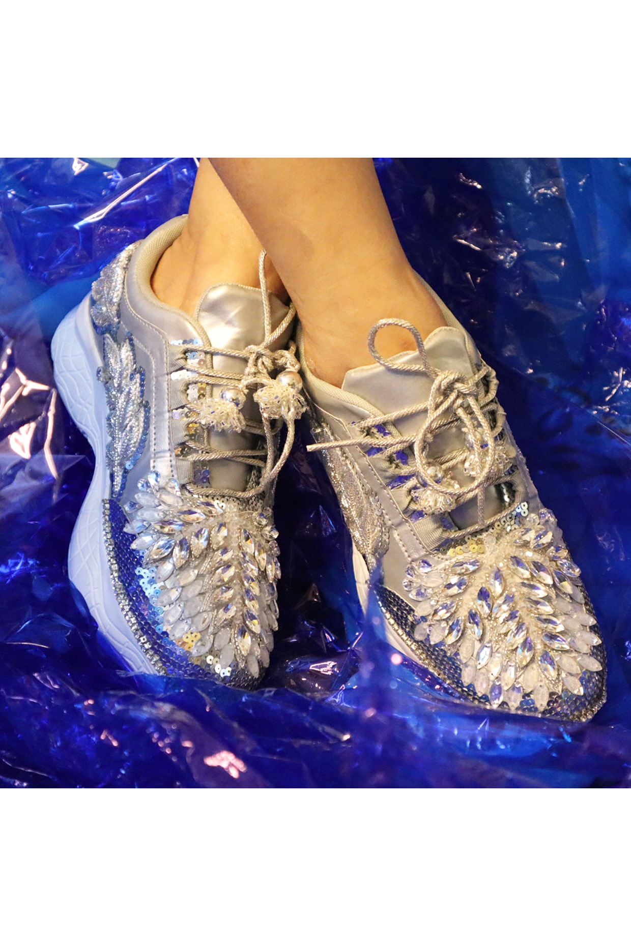Silver Vegan Leather Sequins & Crystal Work Sneakers by Chal Jooti at ...