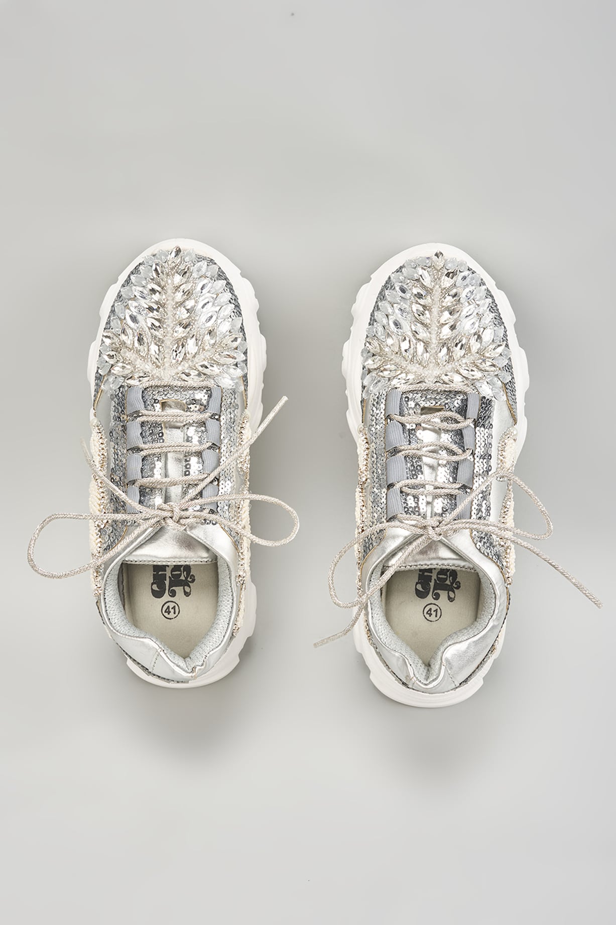 Silver Vegan Leather Crystal Embroidered Sneakers by Chal Jooti at ...