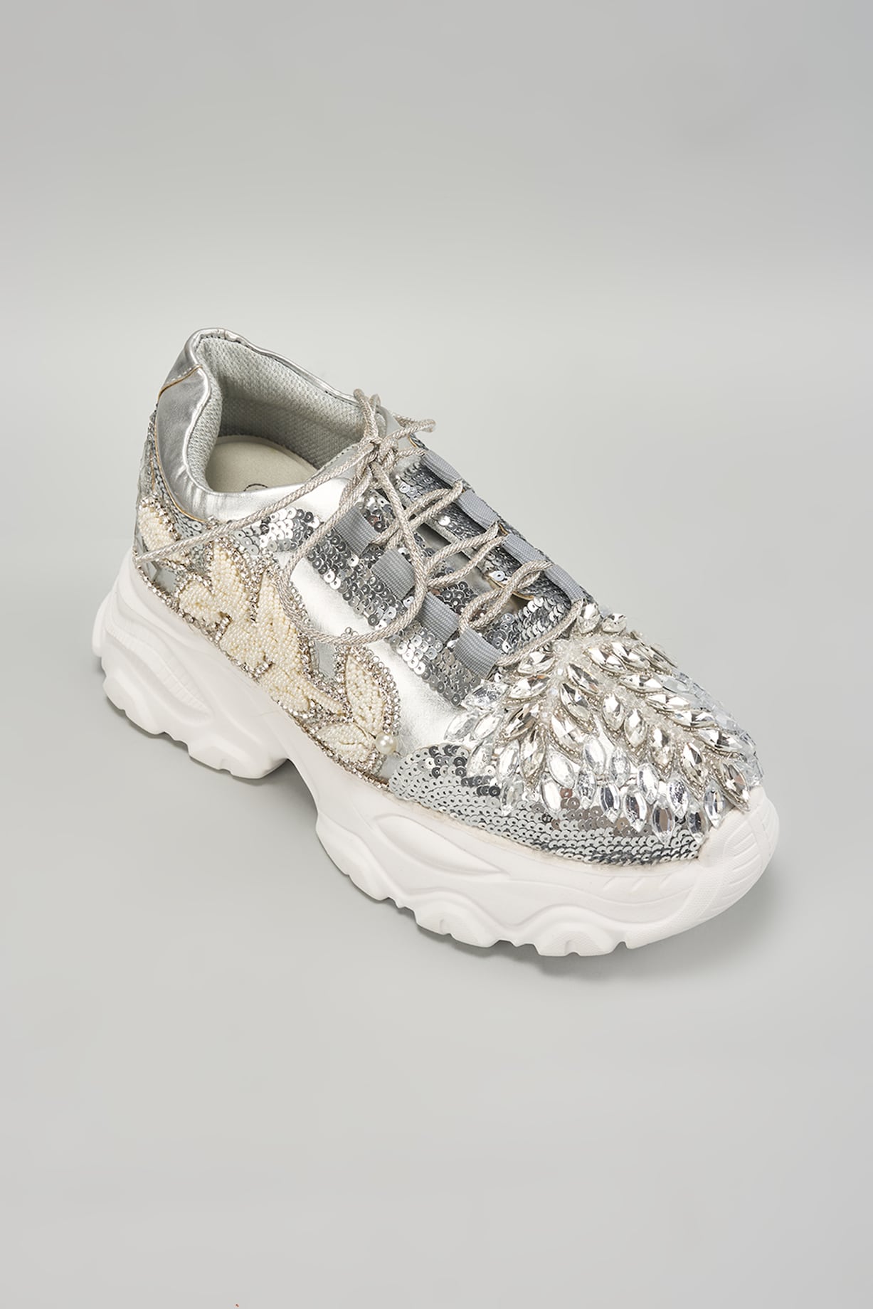 Silver Vegan Leather Crystal Embroidered Sneakers by Chal Jooti at ...
