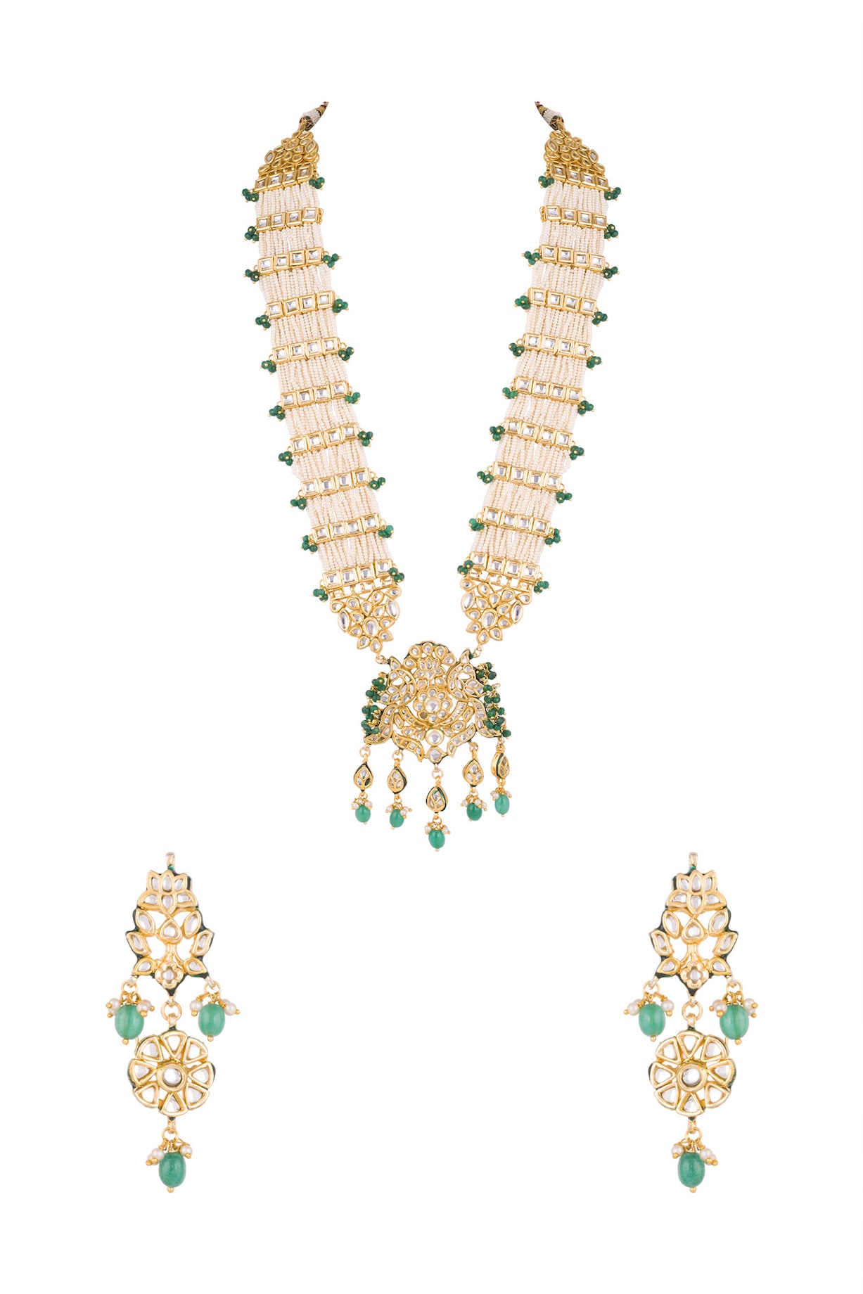 Gold Finish Pearl, Kundan & Emerald Stones Rani Haar Necklace Set ...