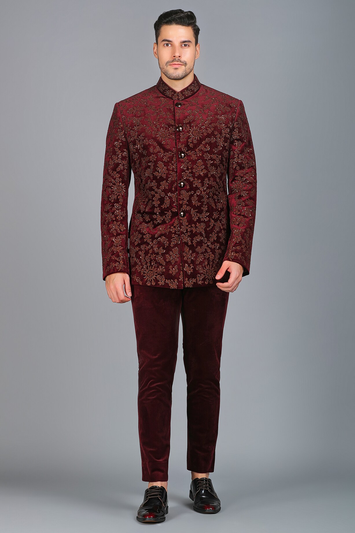 Maroon Velvet Silk Sequins & Thread Embroidered Bandhgala Set Design by ...