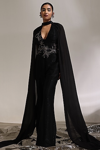 Ebony Black Textured Fabric & Gossamer Chiffon Jumpsuit With Cape by CP ...