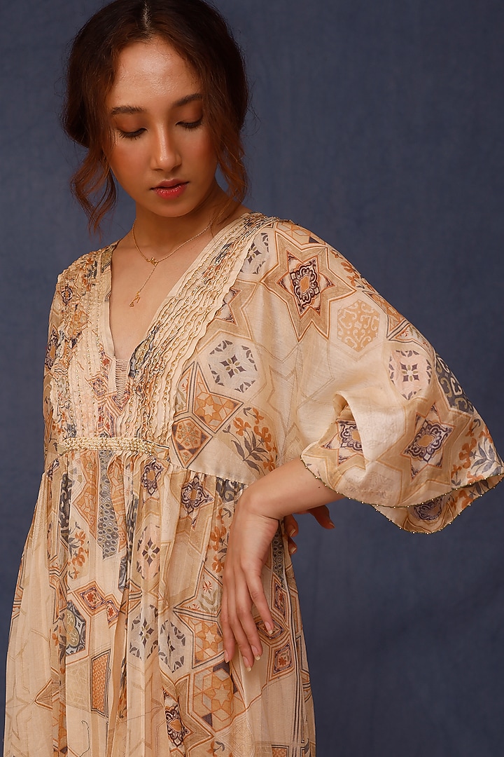 Beige Malai Cotton Printed & Embellished Midi Dress Design by Chokhi ...