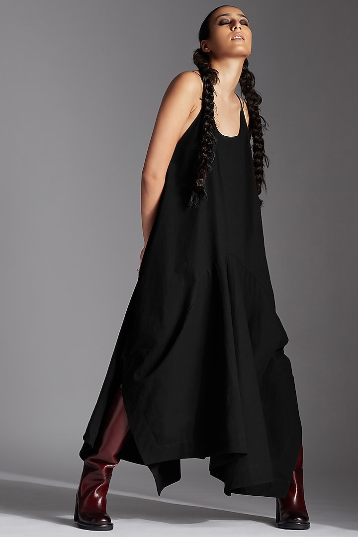 Black Organic Cotton Asymmetrical Dhoti Vacation Dress by Chola at ...