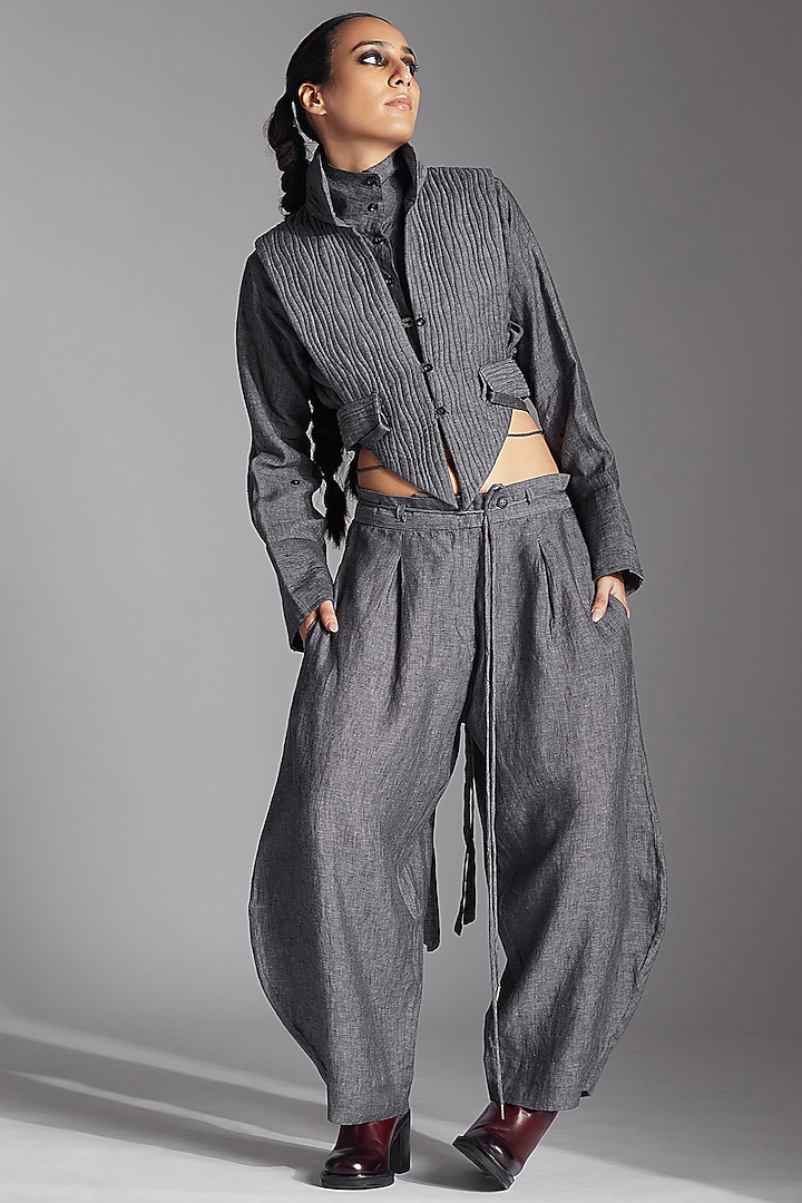 Grey Linen Barrel Trousers by Chola at Pernia's Pop Up Shop 2026