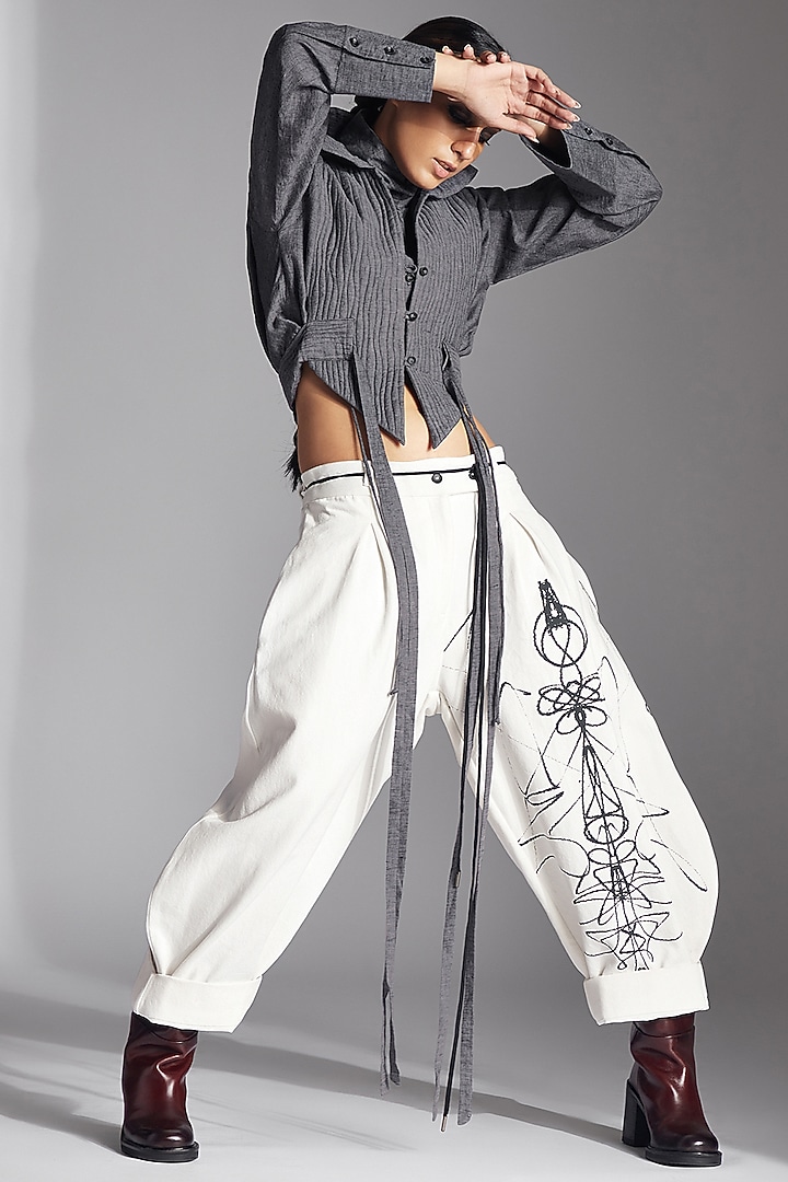 White Cotton Denim Printed Barrel Trousers by Chola at Pernia's Pop Up ...
