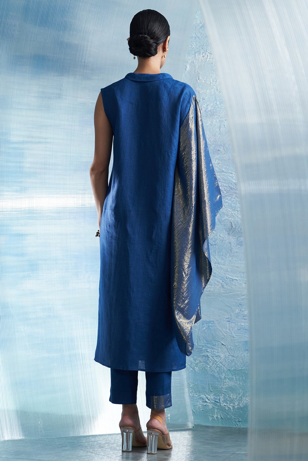 Royal Blue Linen & Cotton Shimmer Wrap Kurta Set by Charkhee at Pernia ...