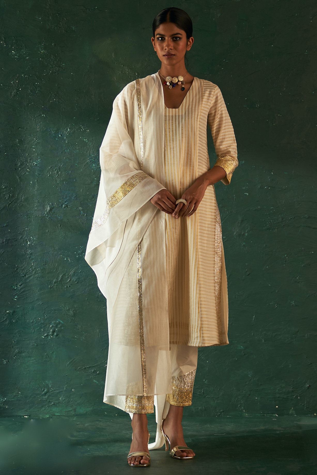 Ivory Silk Tissue Gota Striped Kurta Set by Charkhee at Pernia's Pop Up ...