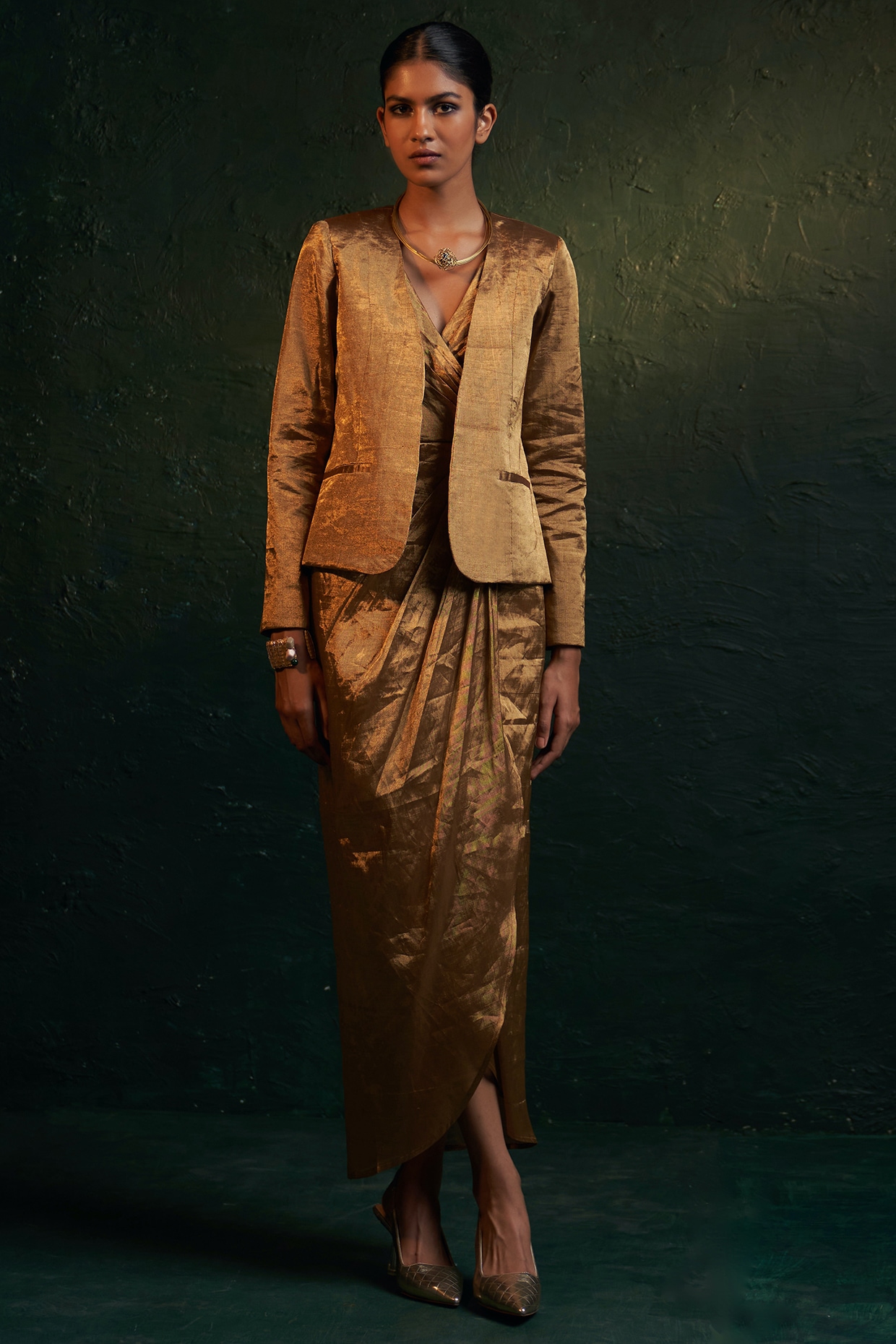 Gold Silk Tissue Draped Jacket Dress by Charkhee at Pernia's Pop Up ...
