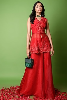 Red Organza Sharara Set Design by The Cherry Tree by Charu Saraogi at ...