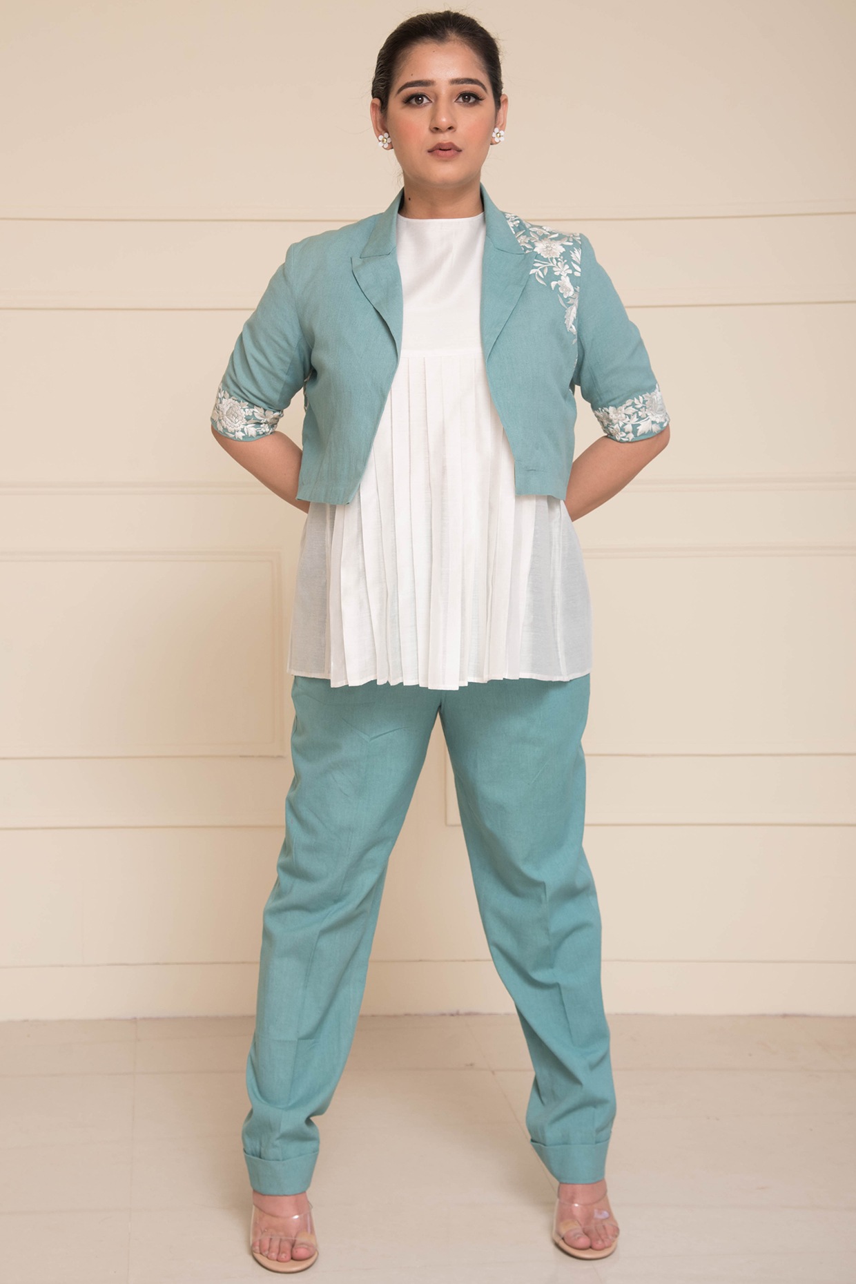 Teal Blue Linen Parsi Gara Embroidered Jacket Set by Cheena Singh at ...