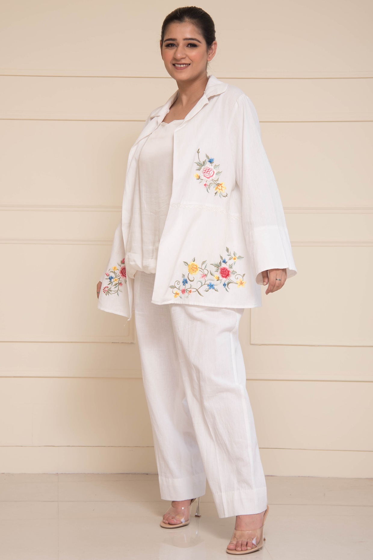 White Linen Parsi Gara Embroidered Jacket Set by Cheena Singh at Pernia ...