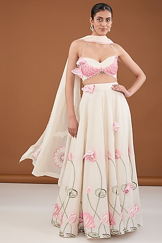 White Chanderi Silk Applique Embroidered Wedding Lehenga Set by Cheena ...