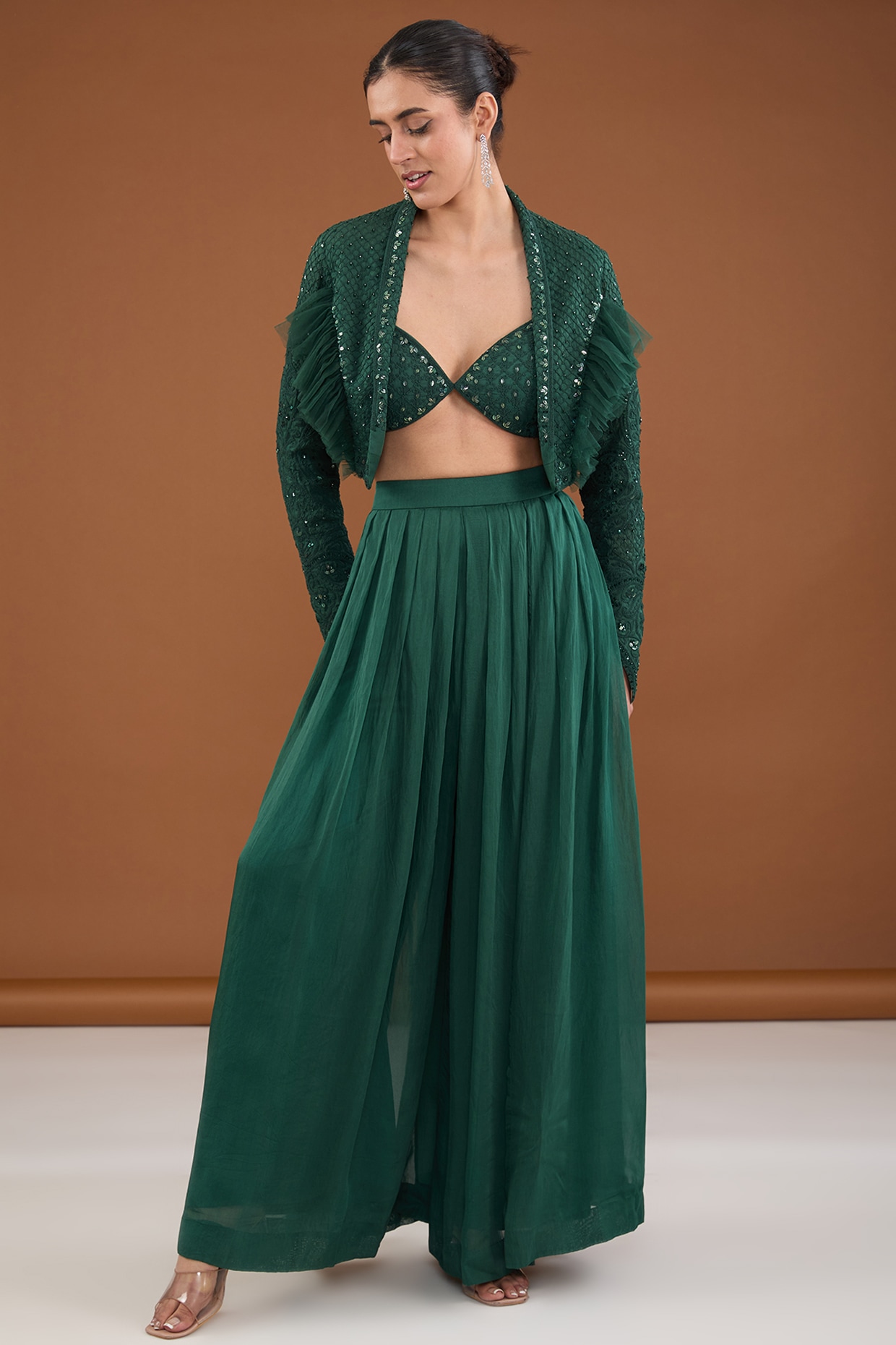 Green Satin Organza Dori & Crystal Embroidered Bolero Jacket Set by ...