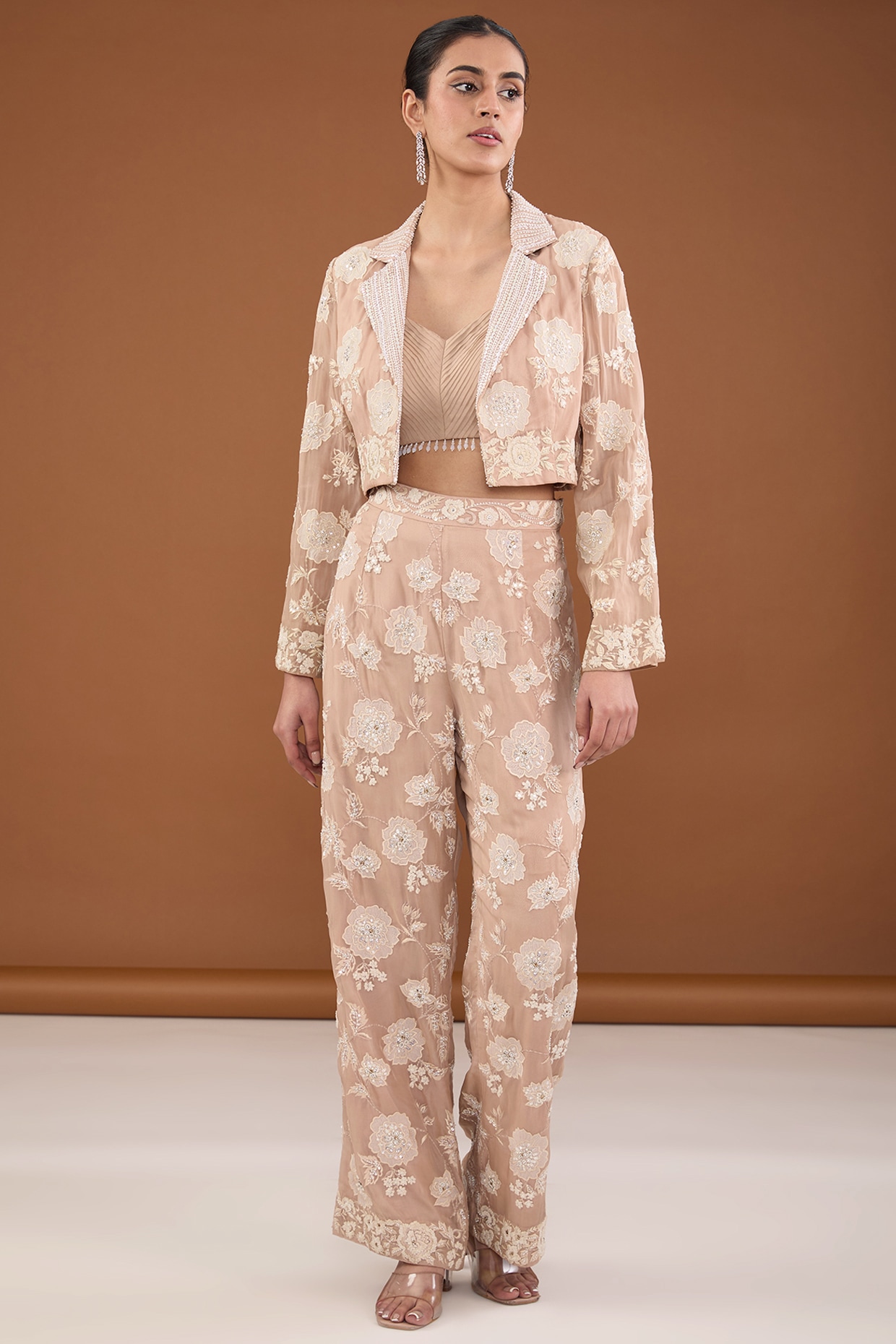 Sand Pink Viscose Organza Applique Embroidered Bolero Jacket Set by ...