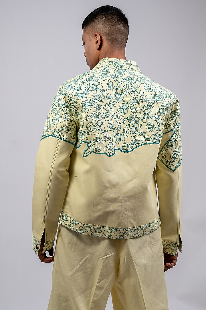 Pastel Yellow Linen Printed & Embroidered Co-Ord Set by CHANDRESH ...