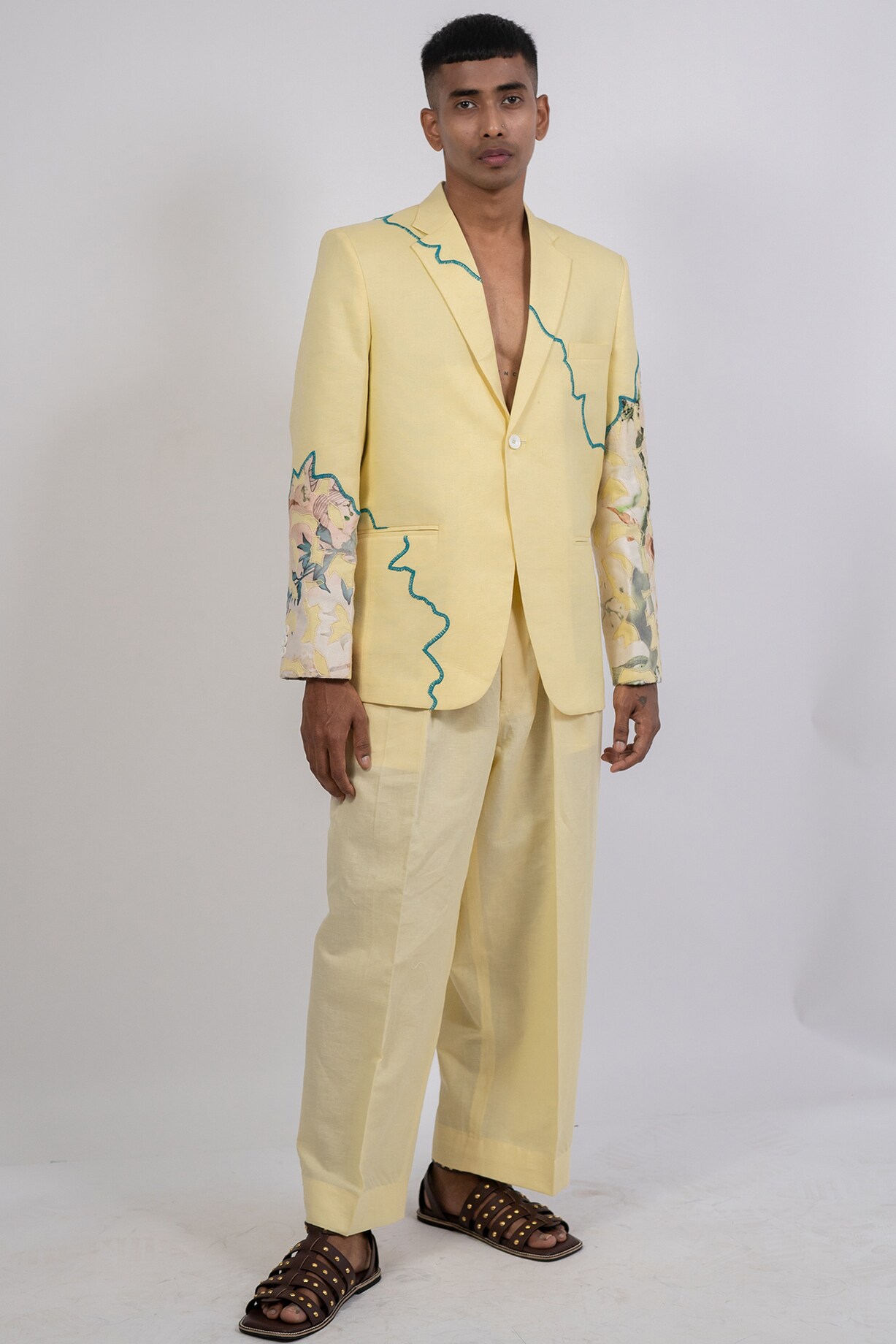Yellow Linen Printed & Embroidered Co-Ord Set by CHANDRESH NATHANI at ...