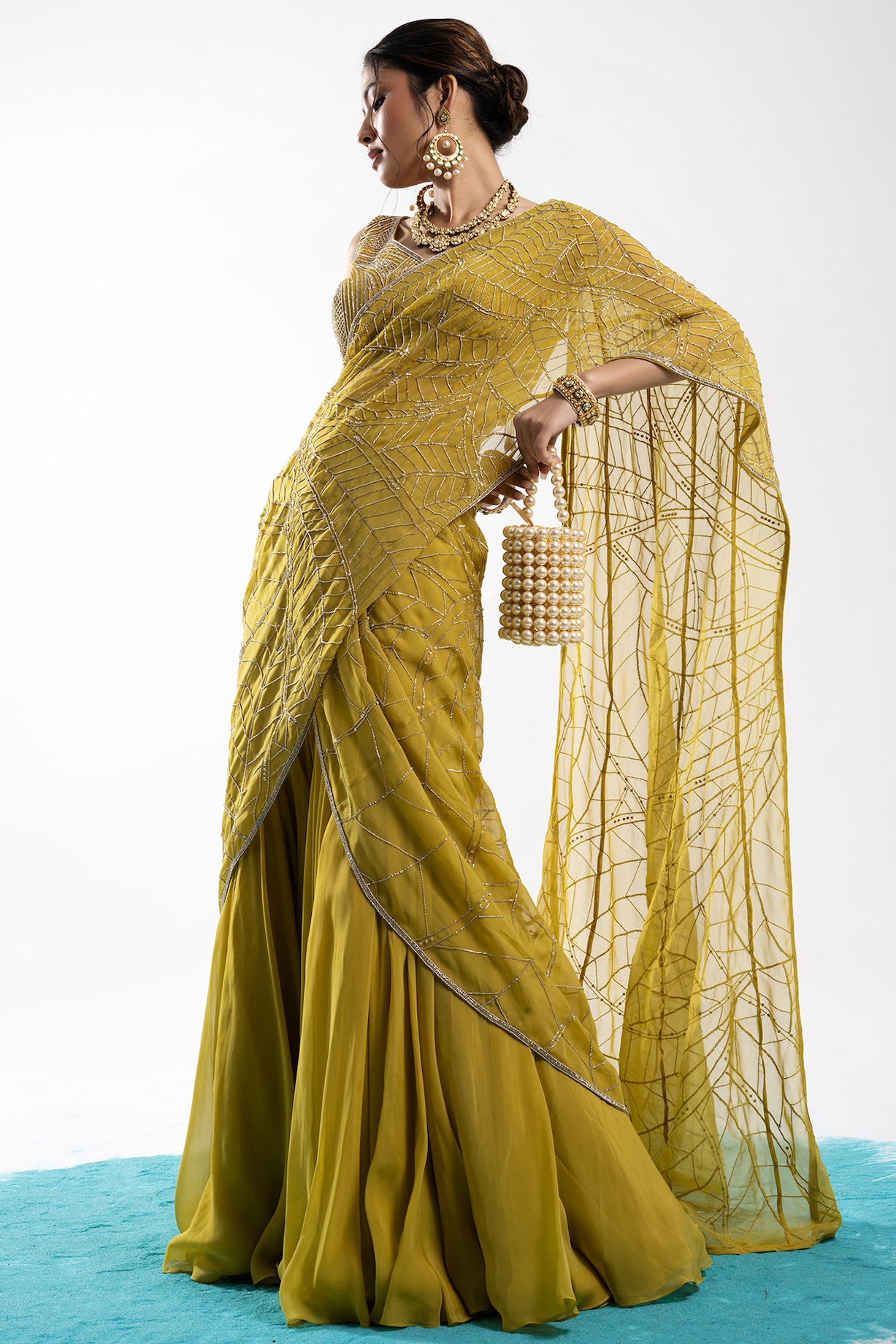 Mustard Organza Embroidered Pre-Draped Lehenga Saree Set by Charu & Vasundhara at Pernia's Pop ...