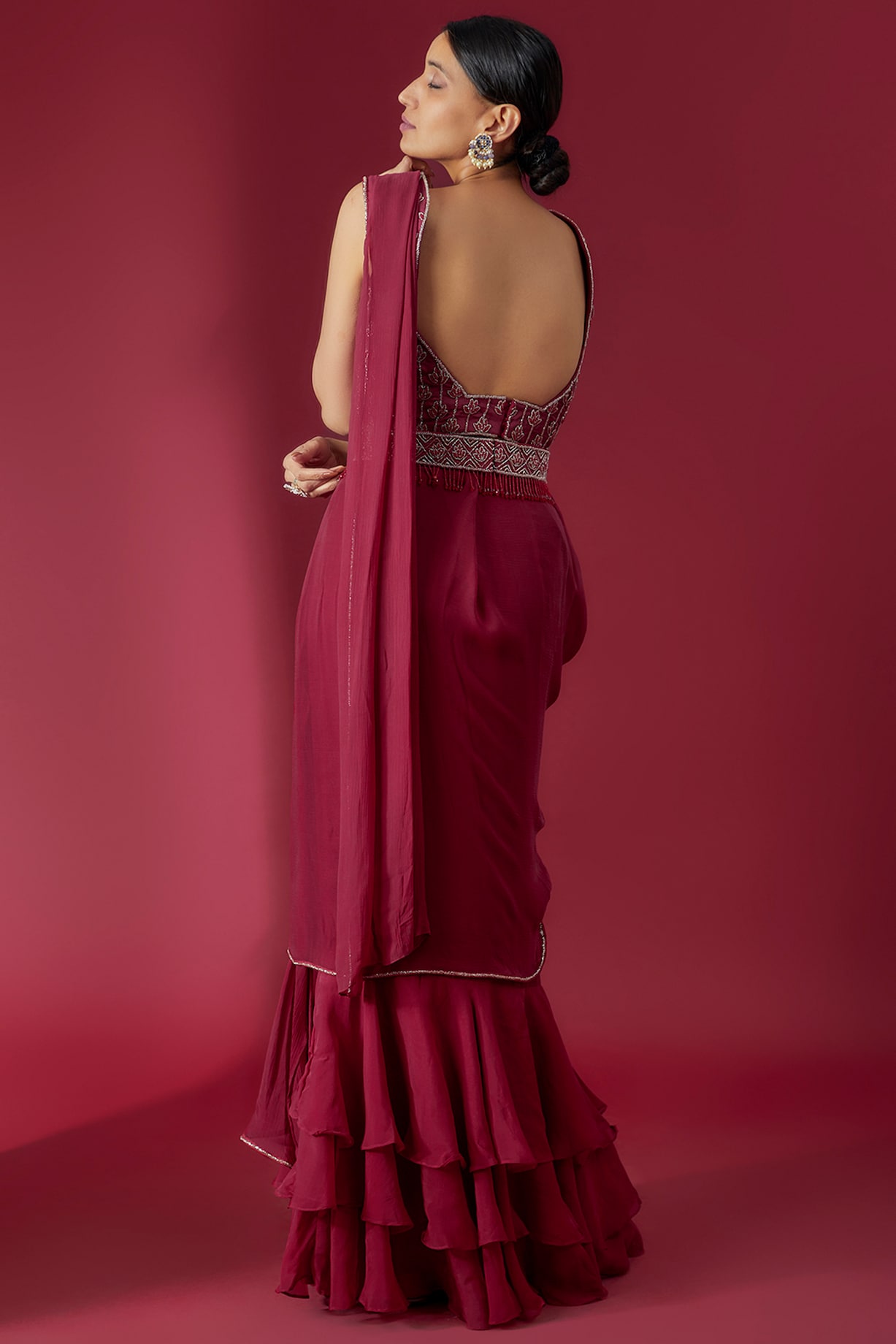 Red Chiffon Ruffled Pre-Draped Saree Set by Charu & Vasundhara at ...