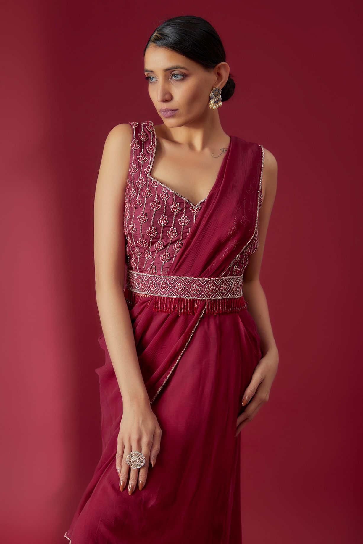 Red Chiffon Ruffled Pre-Draped Saree Set by Charu & Vasundhara at ...