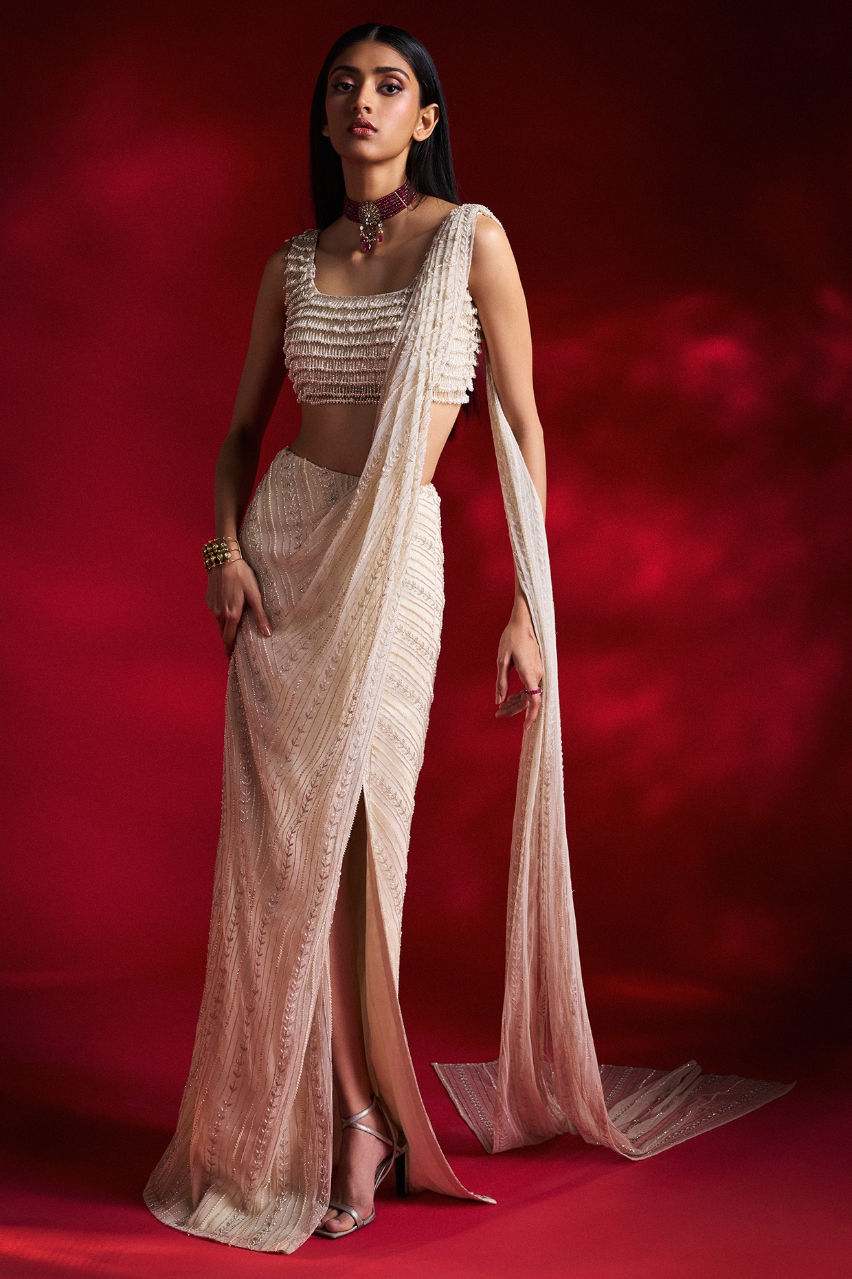 Ivory Net Embellished Pre-Draped Saree Set by Charu & Vasundhara at ...