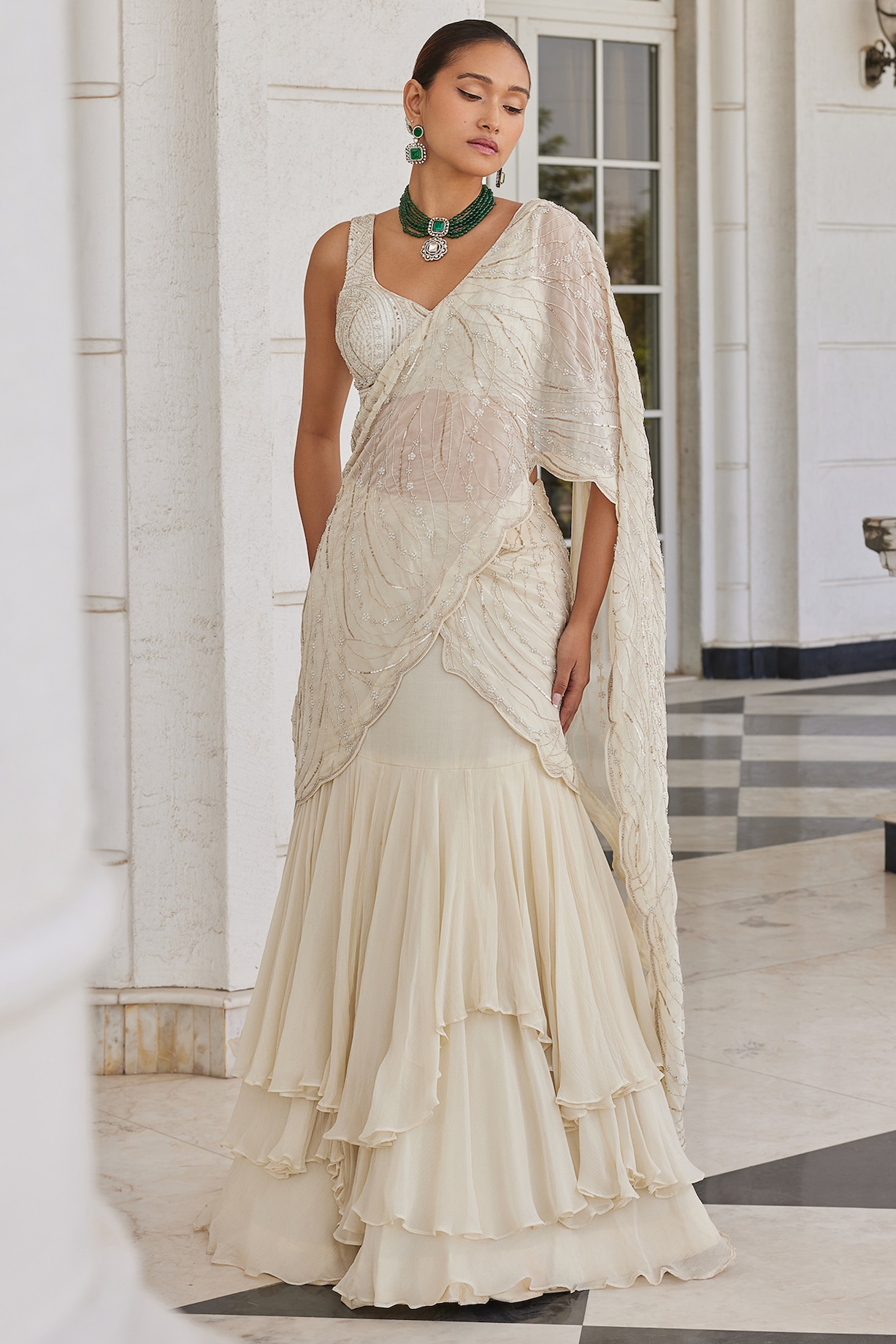 Ivory Organza & Chiffon Embroidered Pre-Draped Saree Set by Charu ...