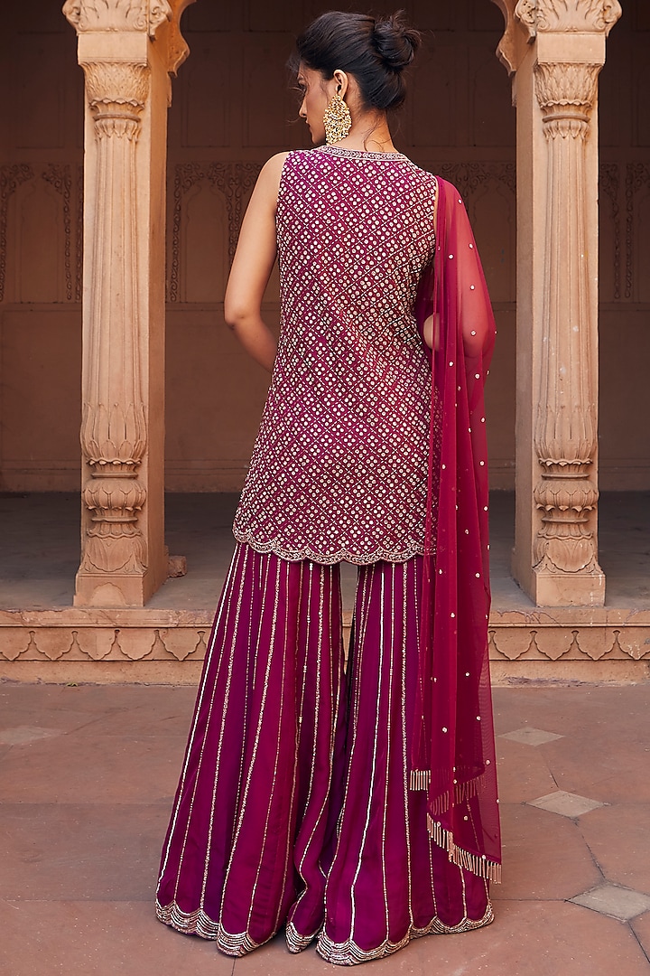 Raspberry Pink Hand Embroidered Sharara Set Design by Charu ...