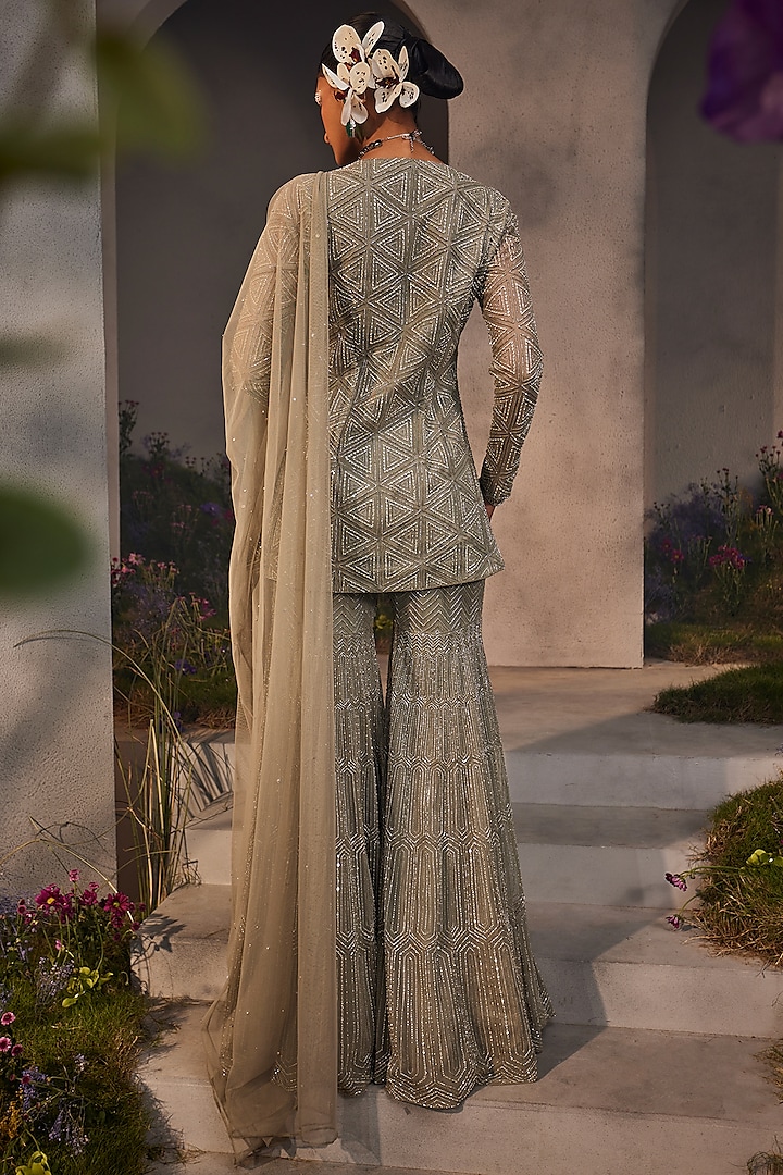 Silver Grey Net Hand Embroidered Sharara Set Design by Charu ...
