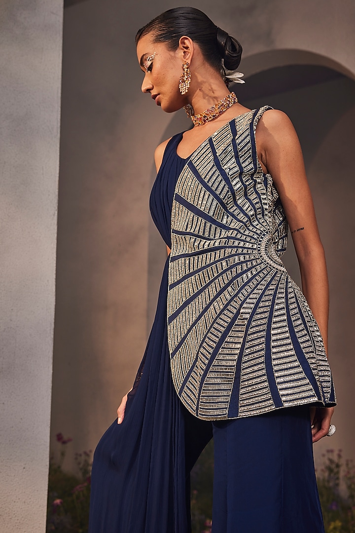 Electric Blue Silk Embroidered Overlap Jacket Set by Charu & Vasundhara ...