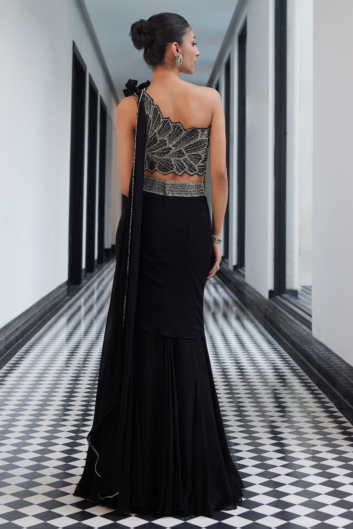 Black Taffeta Net Georgette Draped Fish-Cut Skirt Set by Charu ...