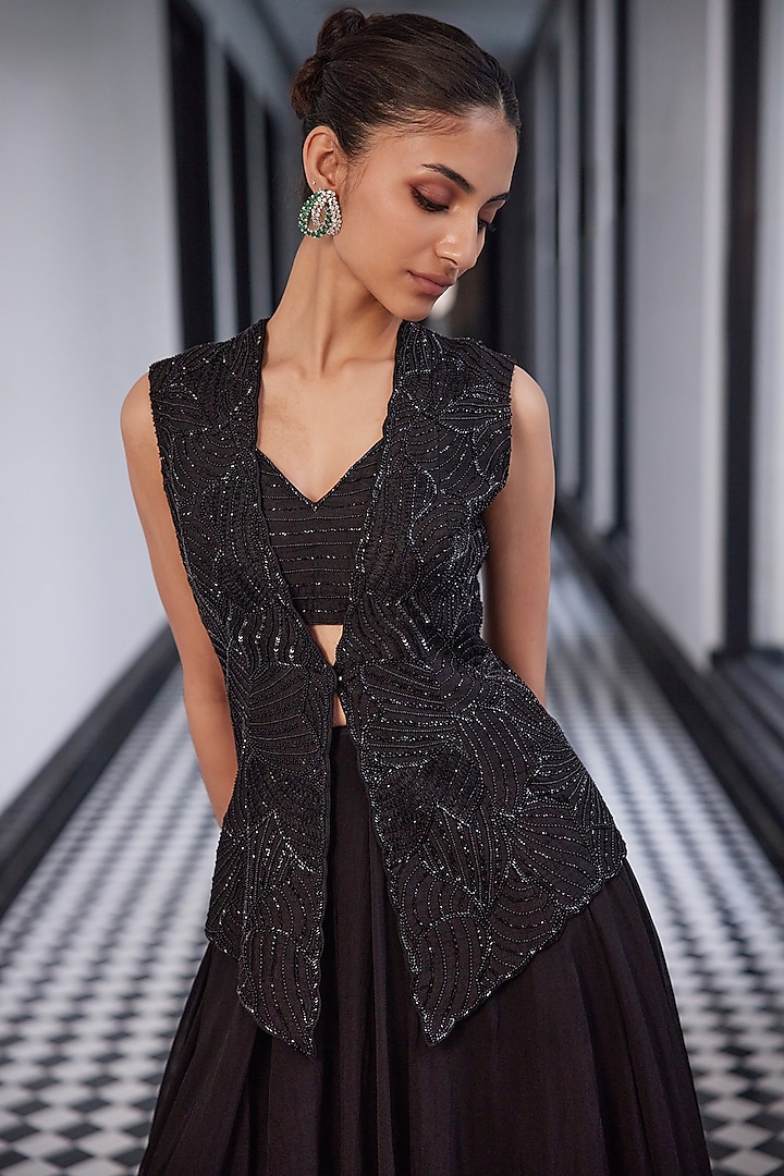 Black Taffeta Tasser Viscose Organza Hand Embellished Wedding Lehenga ...
