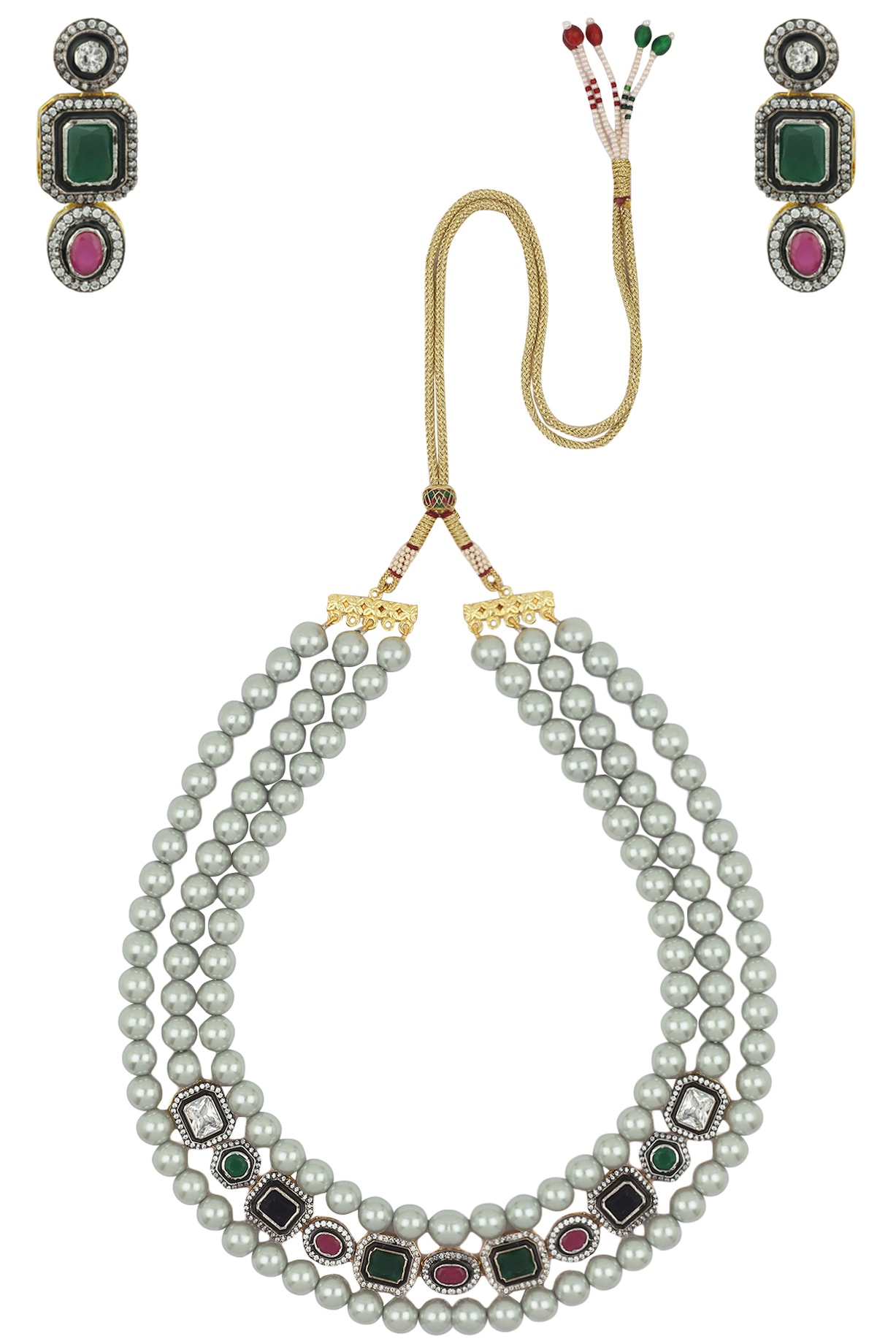 Gold finish pearl and semi precious stones necklace set available only ...