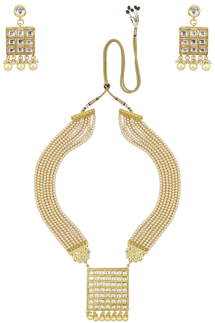 Gold finish kundan and white multiple string beads necklace set ...