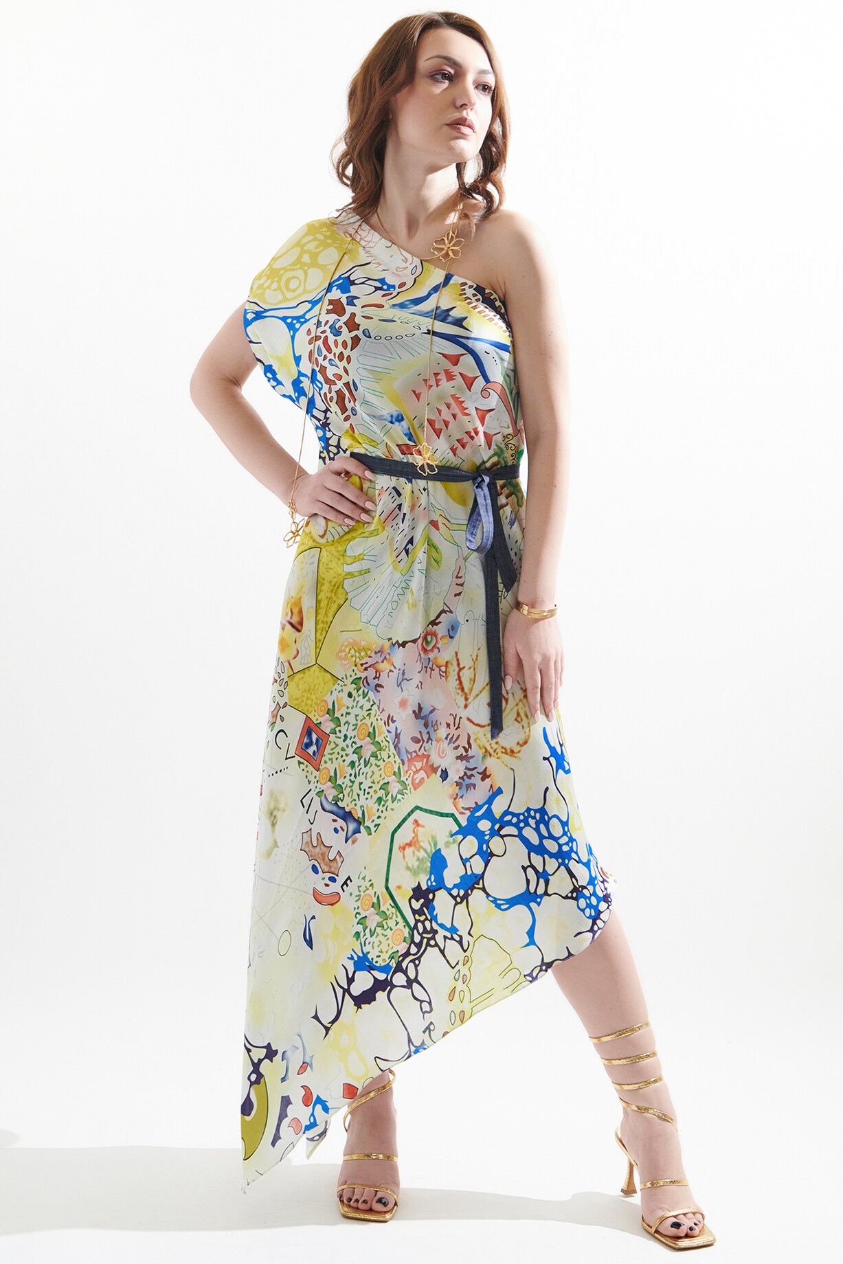 Multi-Colored Silk Printed One-Shoulder Midi Dress Design by Cin Cin at ...