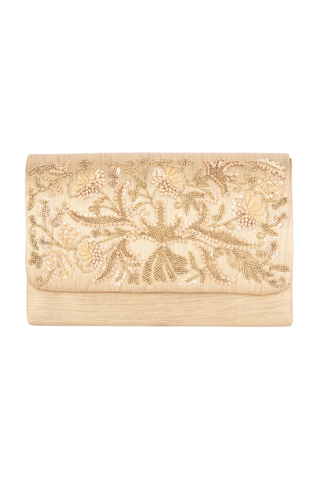 Golden Floral Hand Embroidered Clutch Design by Clutch'D at Pernia's ...