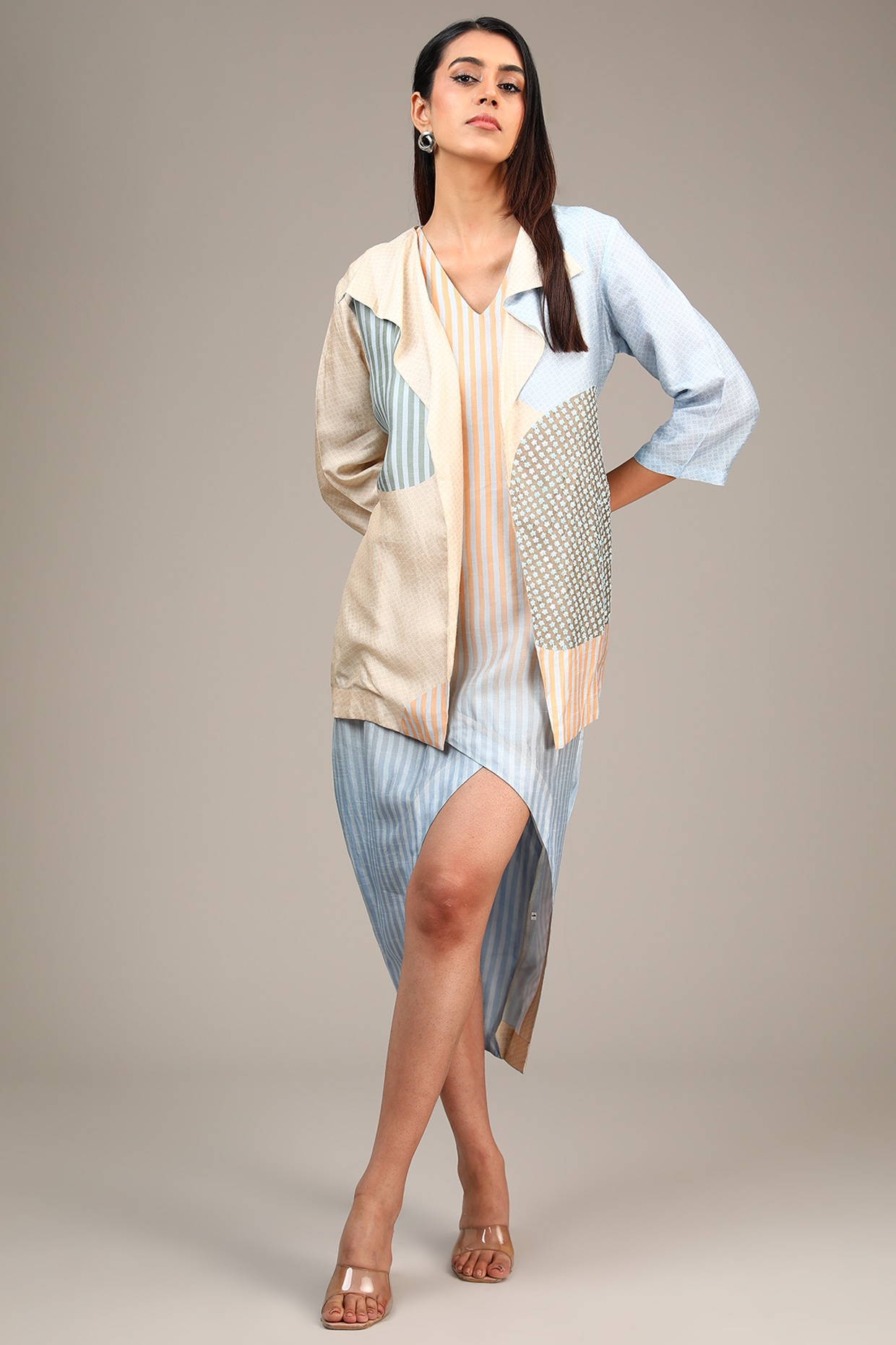 Blue Dupion Silk Asymmetric Tulip-Cut Jacket Dress by CLOS at Pernia's ...