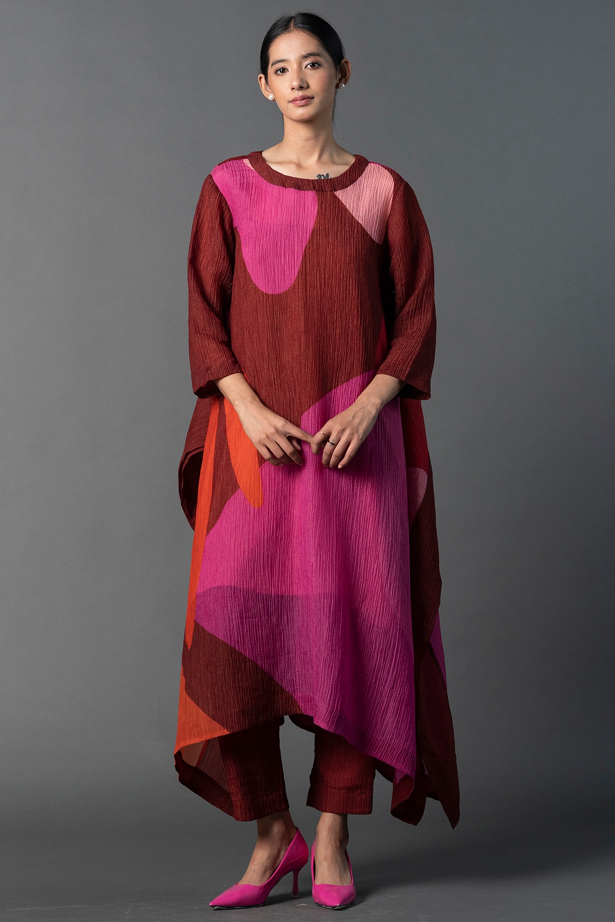 Maroon & Pink Japanese Quash Printed Draped Straight Kurta Set by CLOS ...