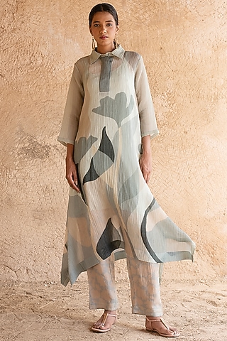 Light Grey Shimmer Cupro Wrinkle & Japanese Quash Tunic Set by CLOS at ...