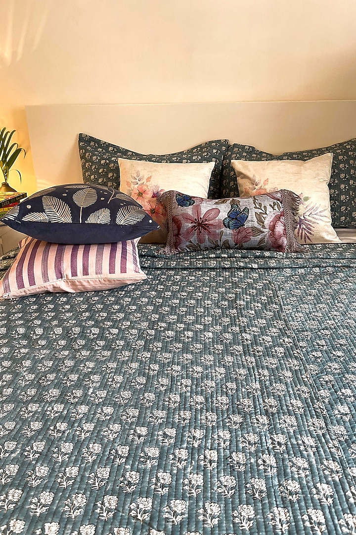 Greyish Blue Cotton Hand Block Printed Quilted Bedspread Design by Coco ...