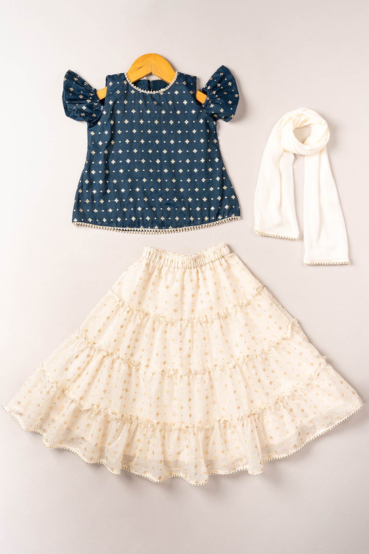 Navy Blue Chanderi Cotton Lehenga Set For Girls by Coo Coo at Pernia's ...