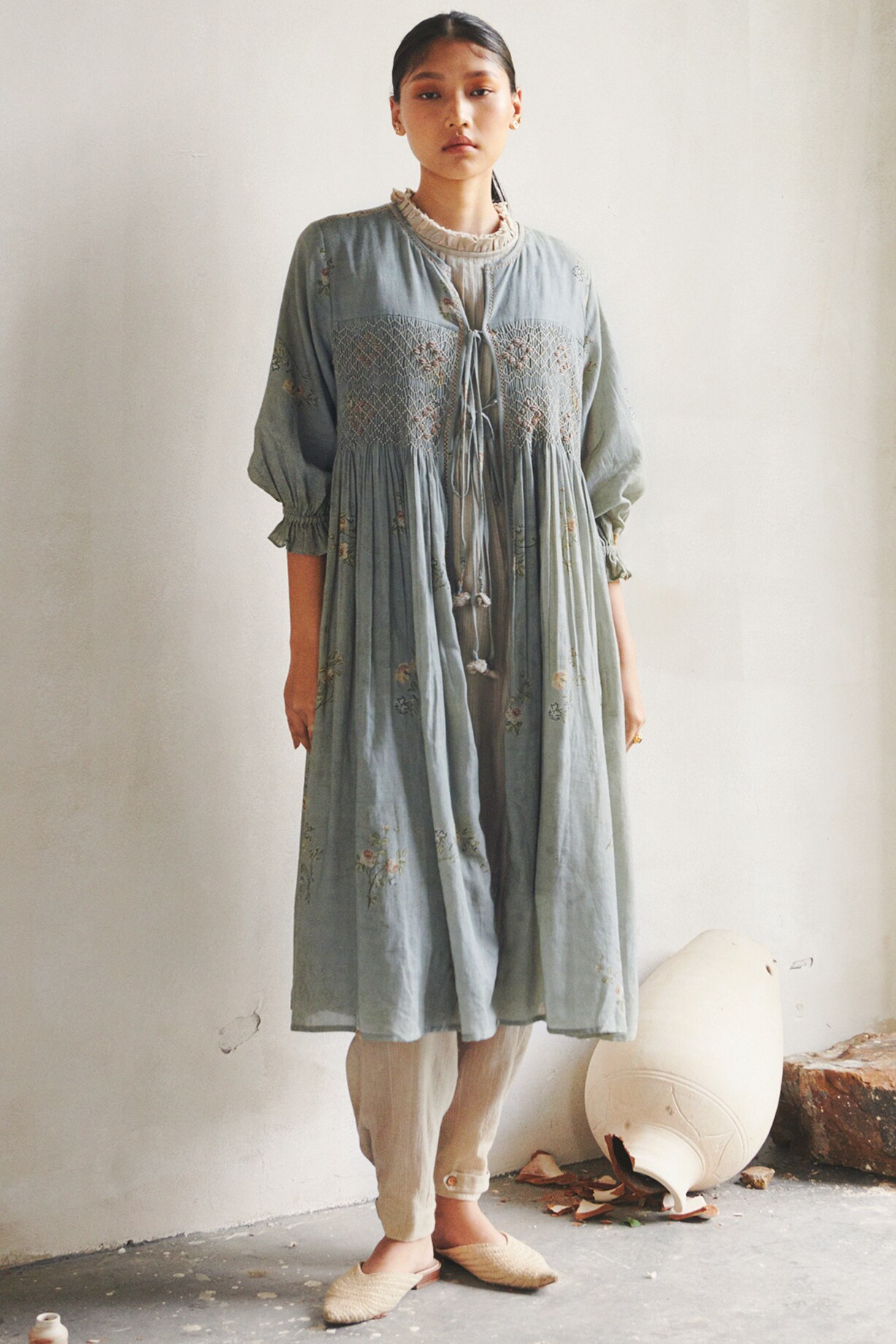 Pale Blue Hand Embroidered Flowy Jacket by Cord at Pernia's Pop Up Shop ...