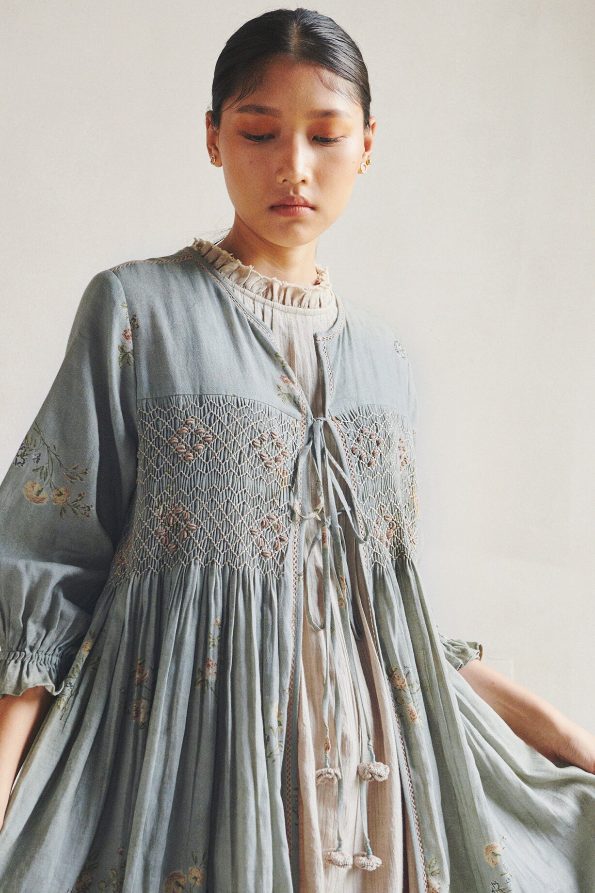Pale Blue Hand Embroidered Flowy Jacket by Cord at Pernia's Pop Up Shop ...