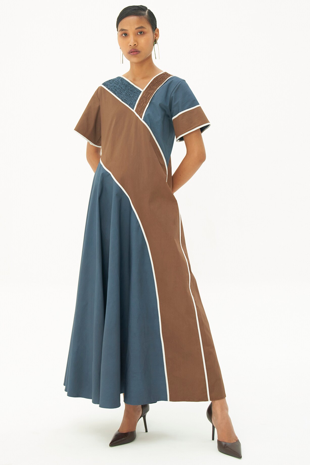 Dusty Blue & Brown Color Blocked Dress by Corpora Studio at Pernia's Pop Up Shop 2024