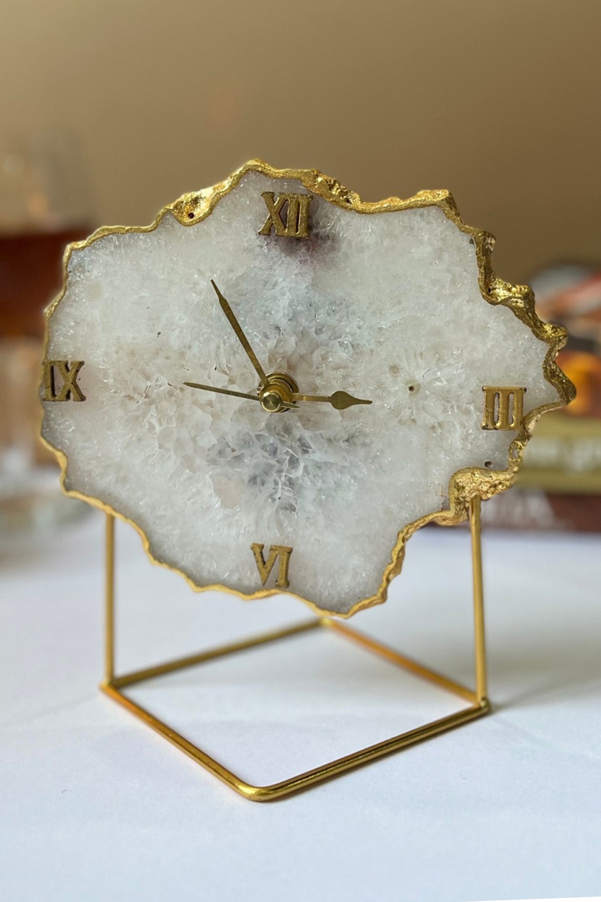 White Agate Desk Clock With Metal Stand by Home Jewels by Cotton Indya ...