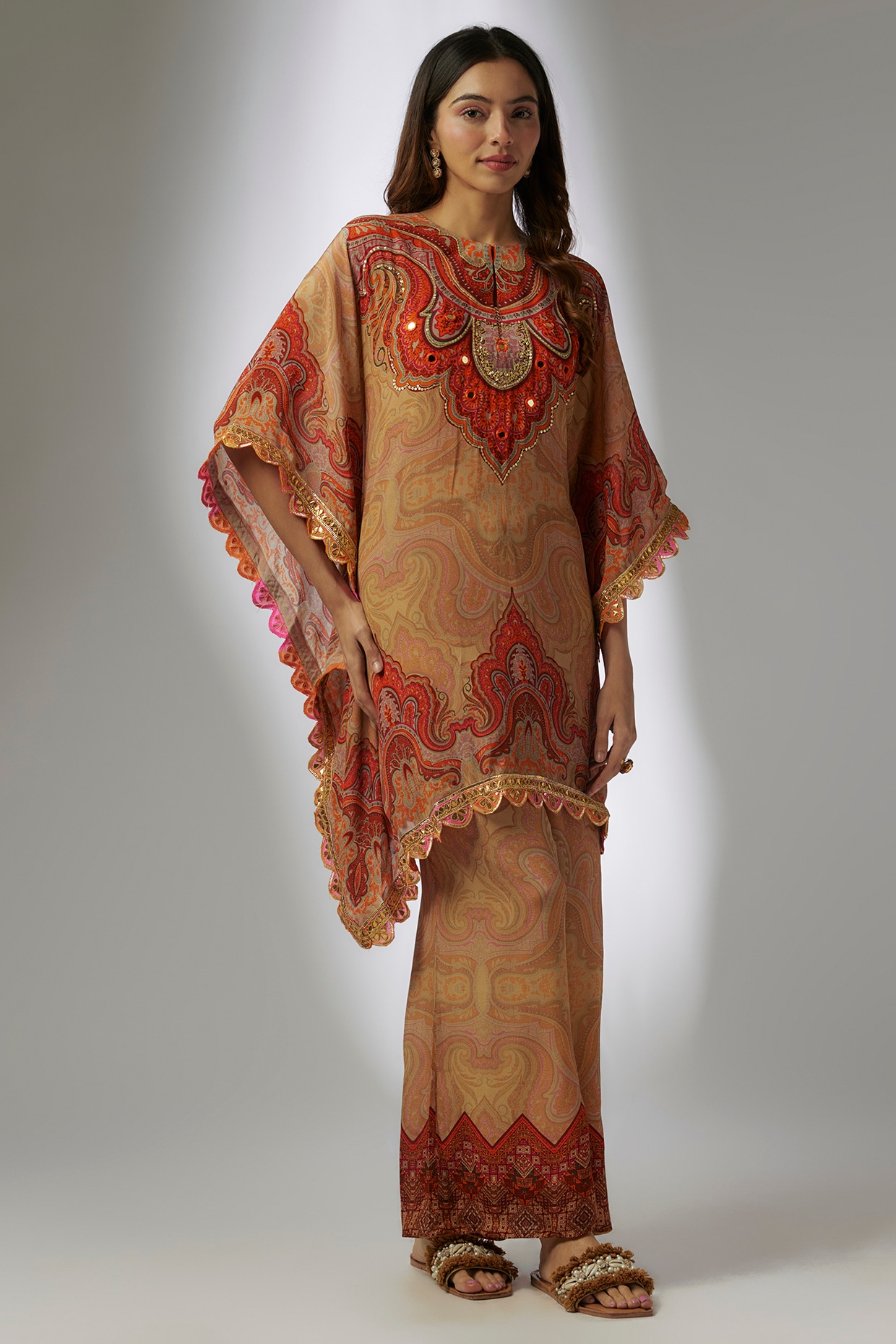 Beige Crepe Mirror Work Resham Hand Embroidered Kaftan Set by CHARU ...
