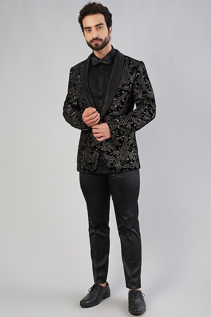 Black Velvet Tuxedo Set With Hand Work Design by C P SINGH at Pernia's ...