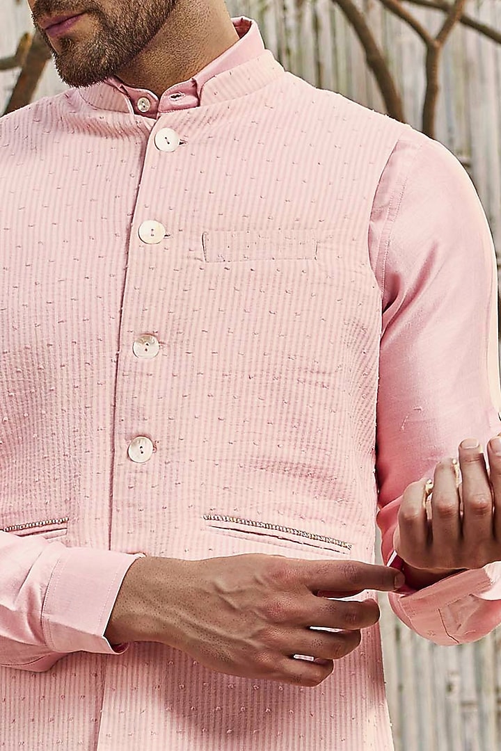 Pastel Pink Dobby Cotton Bundi Jacket With Kurta Set by Charkhee Men at ...